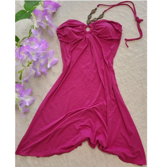 Dresses | Vintage 0s Y2k Fuchsia Halter Dress With Beaded Ties | Poshmark